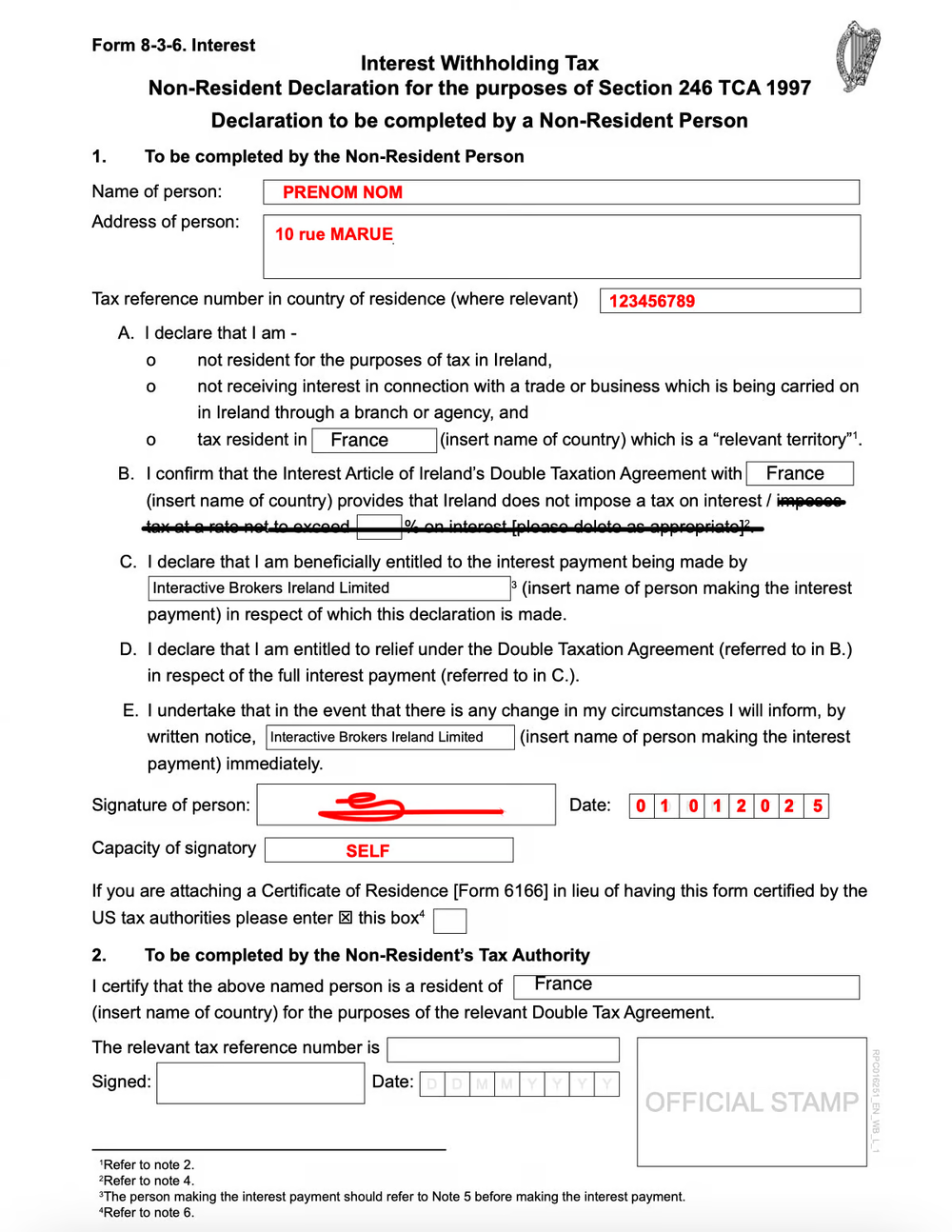 Remplir le formulaire "Ireland Interest Tax Form 8-3-6" sur Interactive Brokers